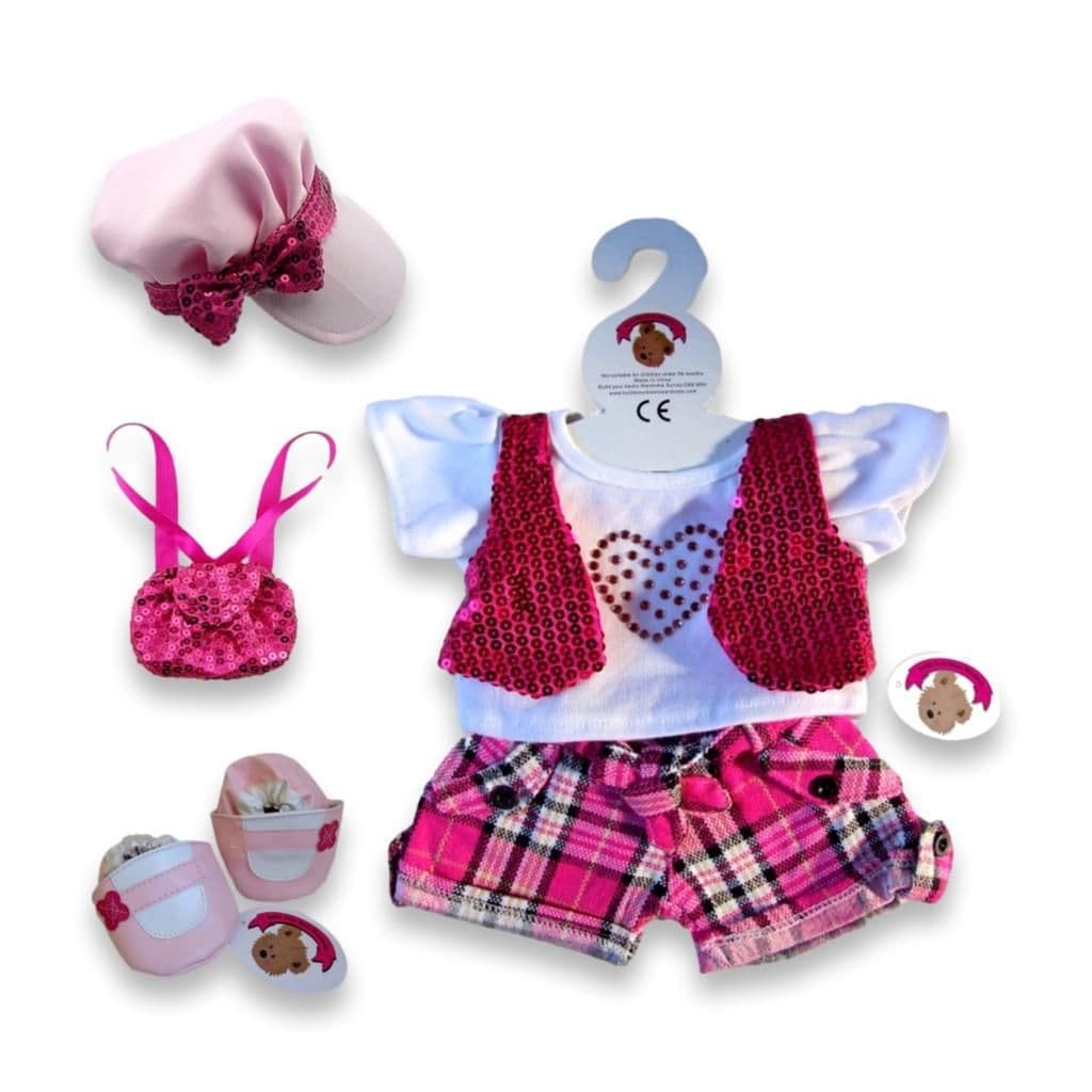 Teddy Bear Clothes | Pink check shorts outfit, shoes and matching ...